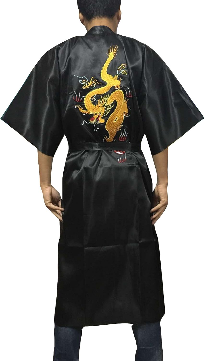 YueLian Men's Satin Robe Sleepwear Nightgown Chinese Dragon Bathrobe ...