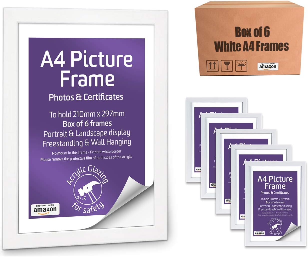 Box of 6 White A4 Picture Frames, Certificate Frames, Freestanding and ...
