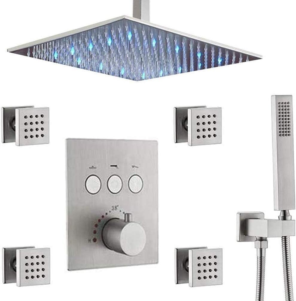 Brushed Nickel 12" Thermostatic LED Rain Shower System with Body Sprays ...