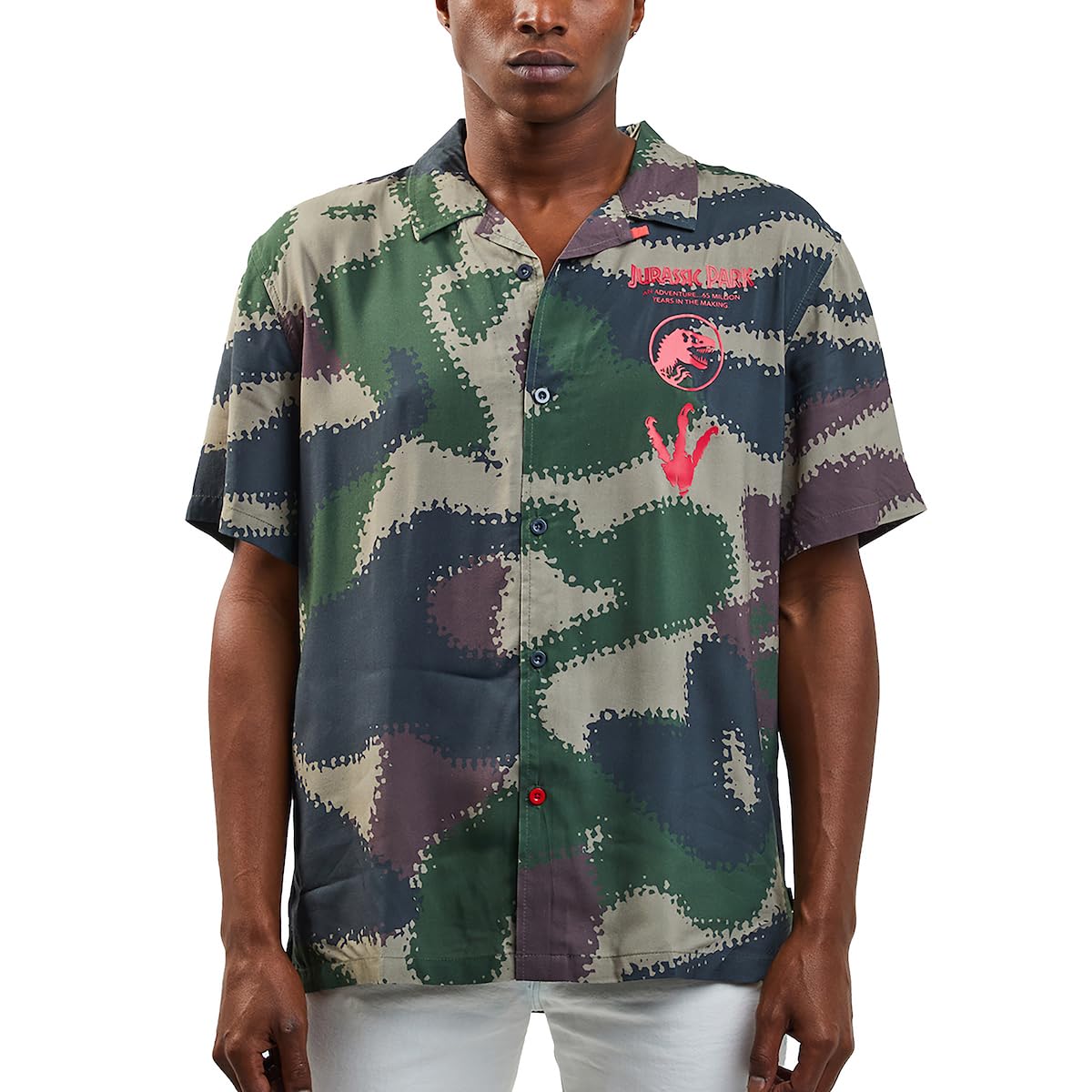 Jurassic Park Dinosaurs & Jungle Foliage AOP Short Sleeve Woven Button ...