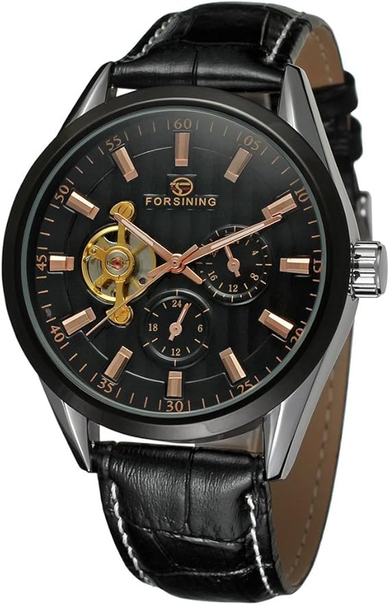 Forsining Men's Original Automatic Leather Strap Watch with Black Dial ...