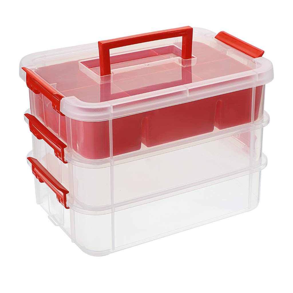 JUXYES 3-Tiers Stack Carry Storage Box With Divided Tray, Transparent ...