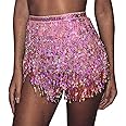 REETAN Sequin Sparkly Skirt Disco Fringe Short Skirt Rave Party Dance Belly Skirt for Women and ...