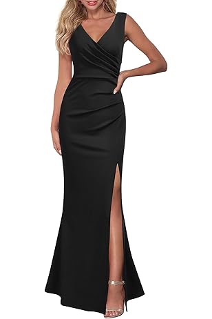 Women Sleeveless V Neck Split Evening Cocktail Long Dress