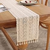 Amazon.com: Vintage Farmhouse Style Crochet Macrame Table Runner Linen with Tassels, Boho Plain ...