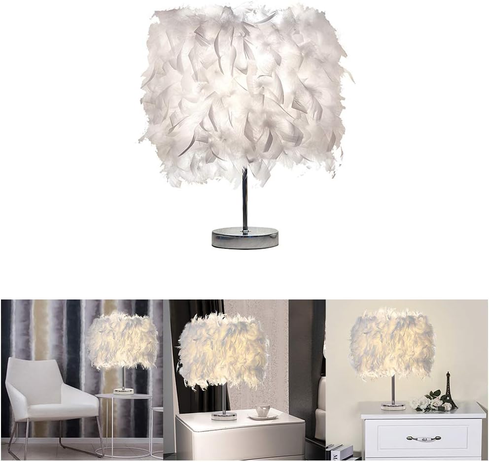 Feather Table Lamp White Beside Bed lamp Feather Lampshade Table Night ...