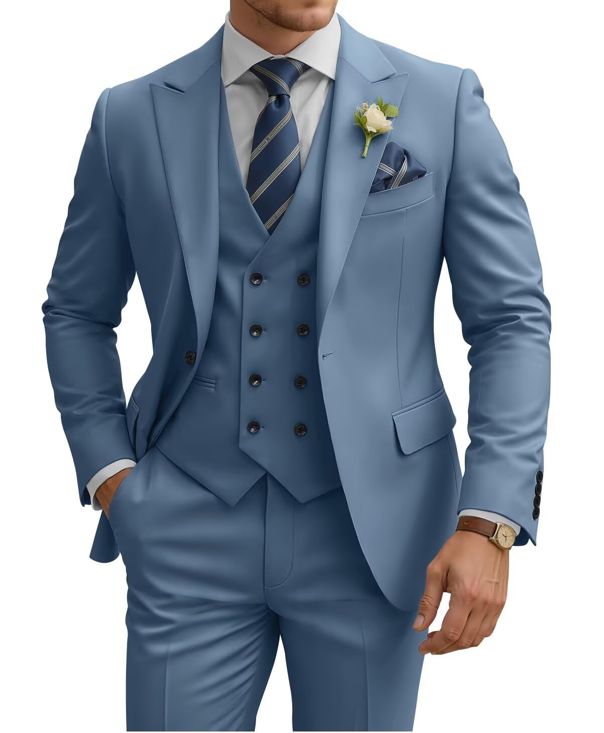 TIJOFA Men Suits Regular Fit 3 Piece Dusty Blue Double Breasted Suits ...