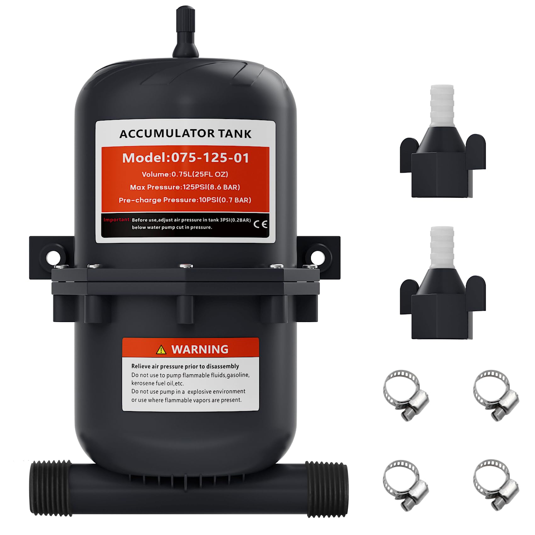 Pre-Pressurized Accumulator Tank, 0.75L Max 125PSI, 1/2 MNPT Port ...