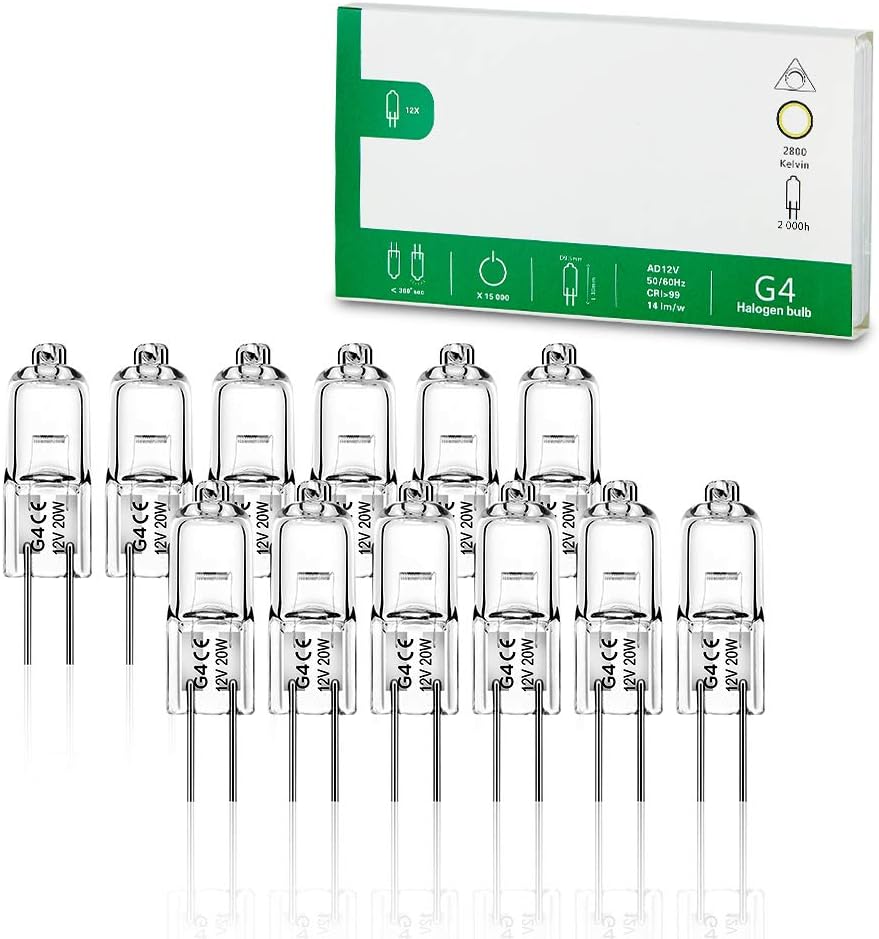 Jaenmsa 12 Pack G4 Halogen Light Bulb 20W 12V 2800K 2 Pin Clear Capsule ...