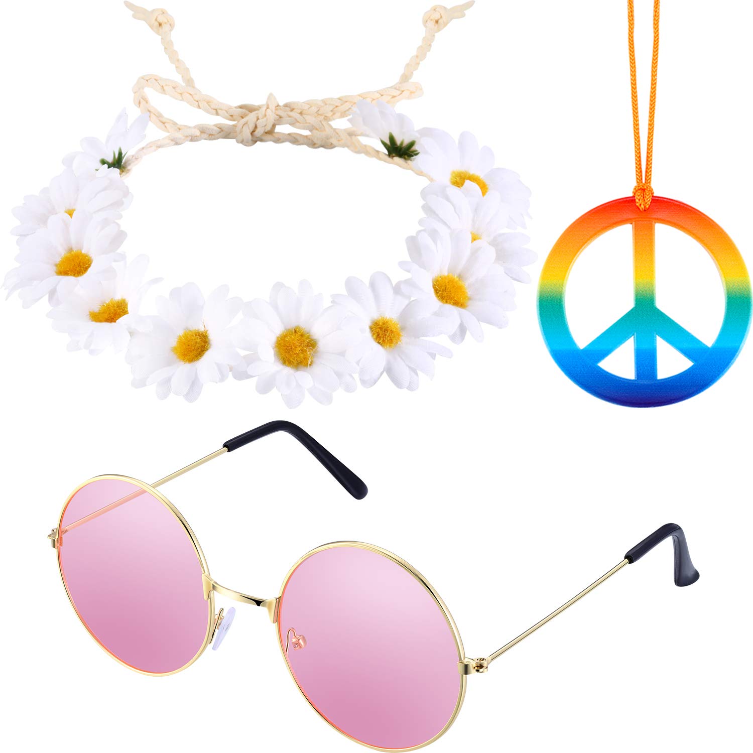 Tatuo 3 Pieces Hippie Costume Accessories Set Includes 70s Rainbow Peace Sign Necklace, Flower ...