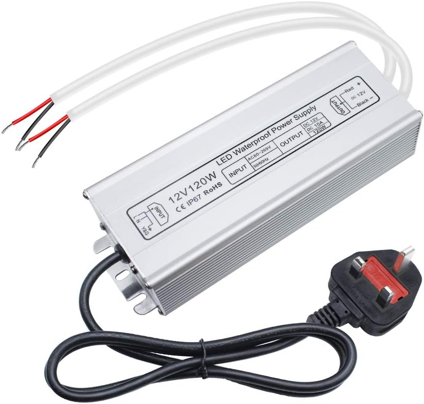 inShareplus LED Power Supply, 12V 120W IP67 Waterproof Outdoor Driver, AC 90-265V to DC 12V 10A ...