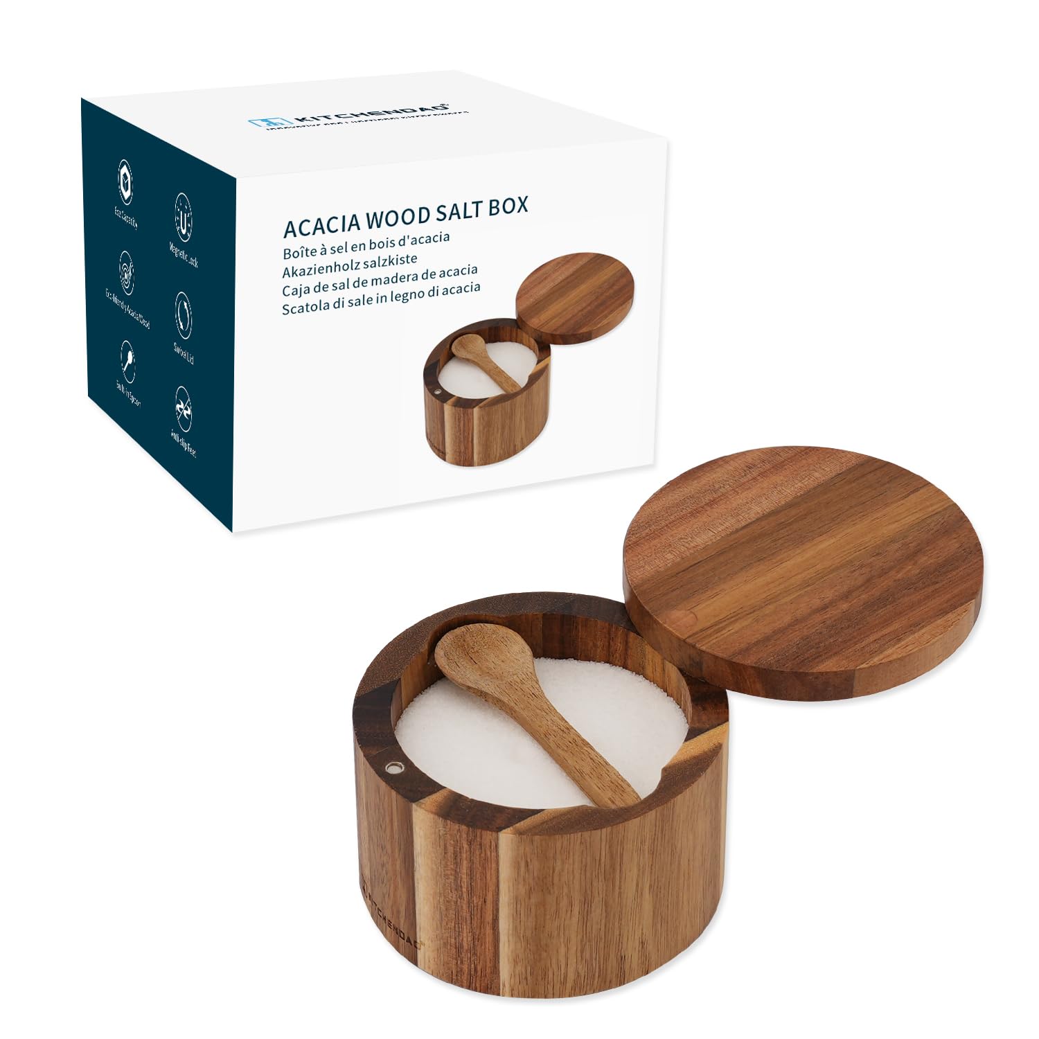 KITCHENDAO Acacia Wood Salt Cellar Bowl Box with Built-in Spoon to ...