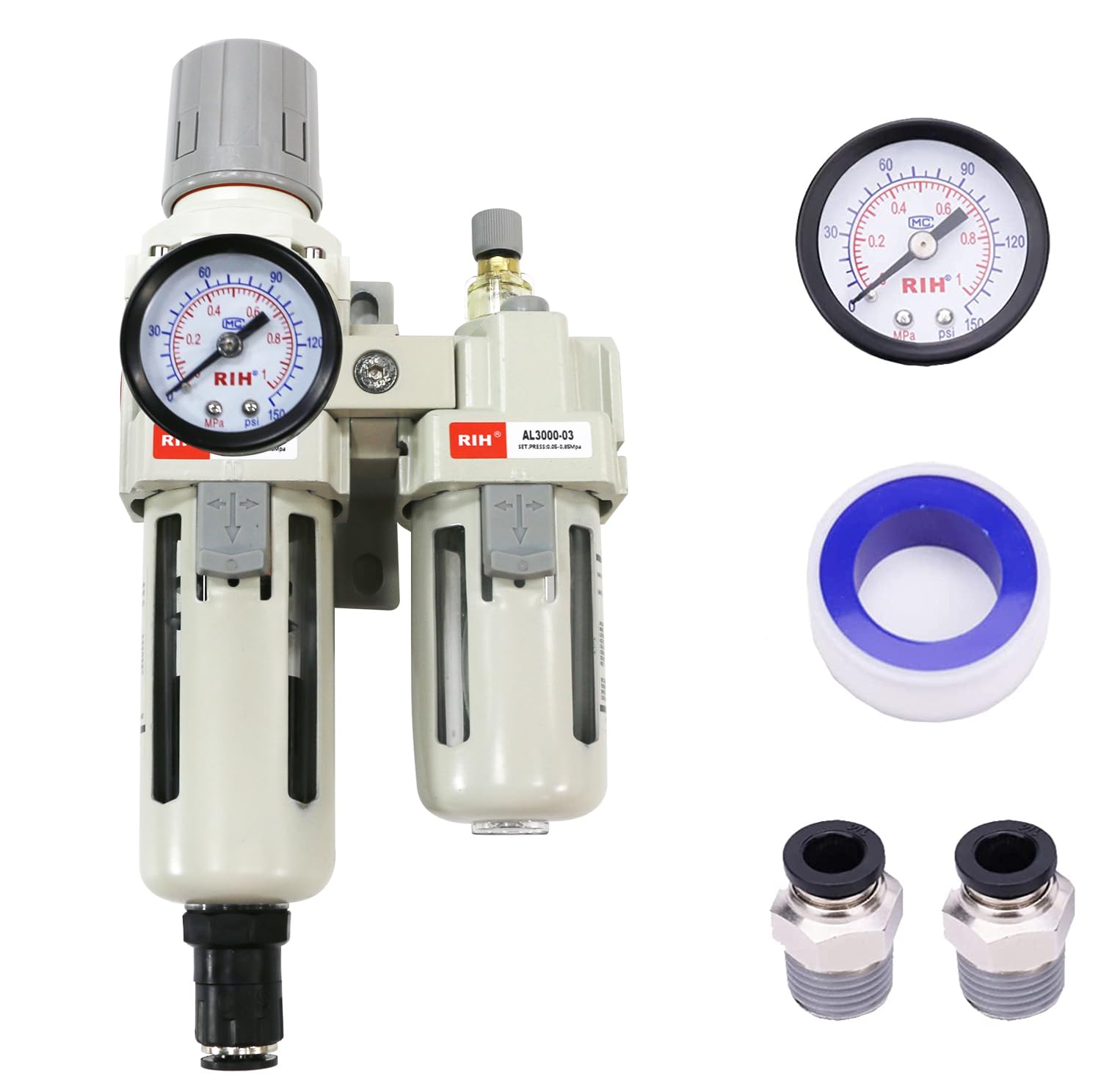 RIH Pneumatics Compressed Air Filter Regulator Lubricator Combo Water ...