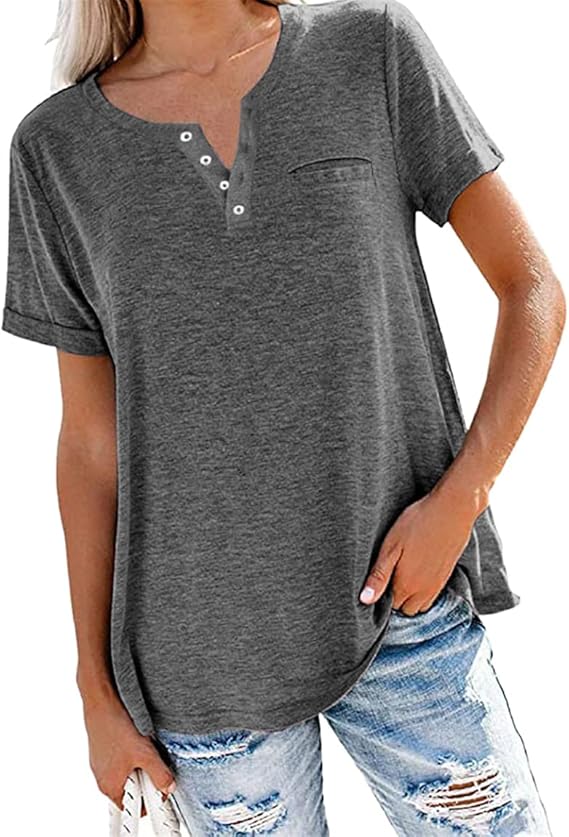 FUQUAN T-Shirt Damen V-Ausschnitt Knopfleiste Bluse Solide Tunika Kurzarm Tops Damen T-Shirt ...