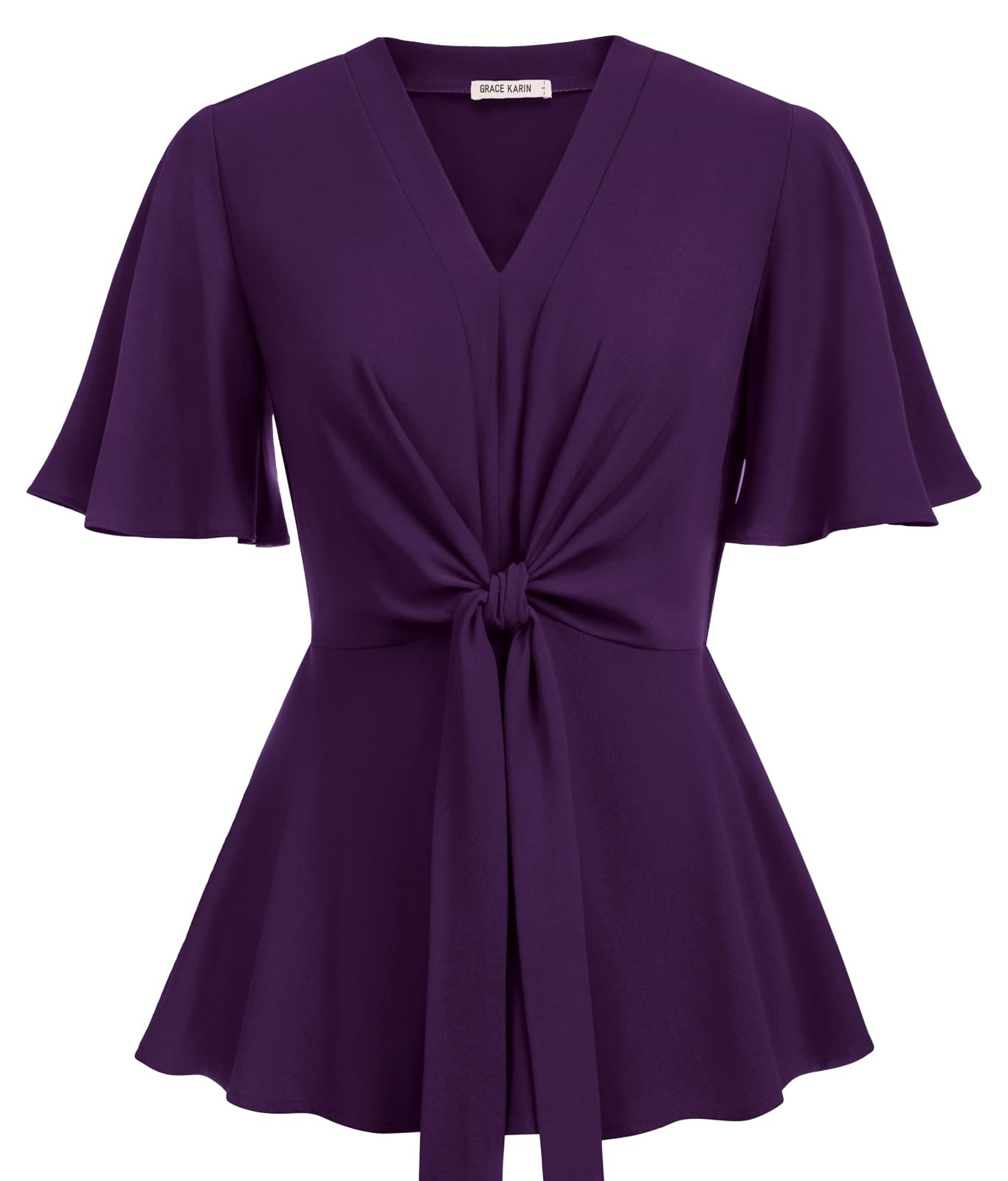 Womens Dark Purple Peplum Tops V Neck Bell Sleeve Tops Tie Front ...