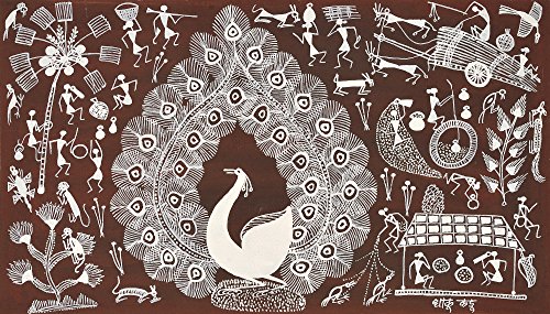 Buy Peacock Dance with Warli Life - Warli Painting On Cotton Fabric ...