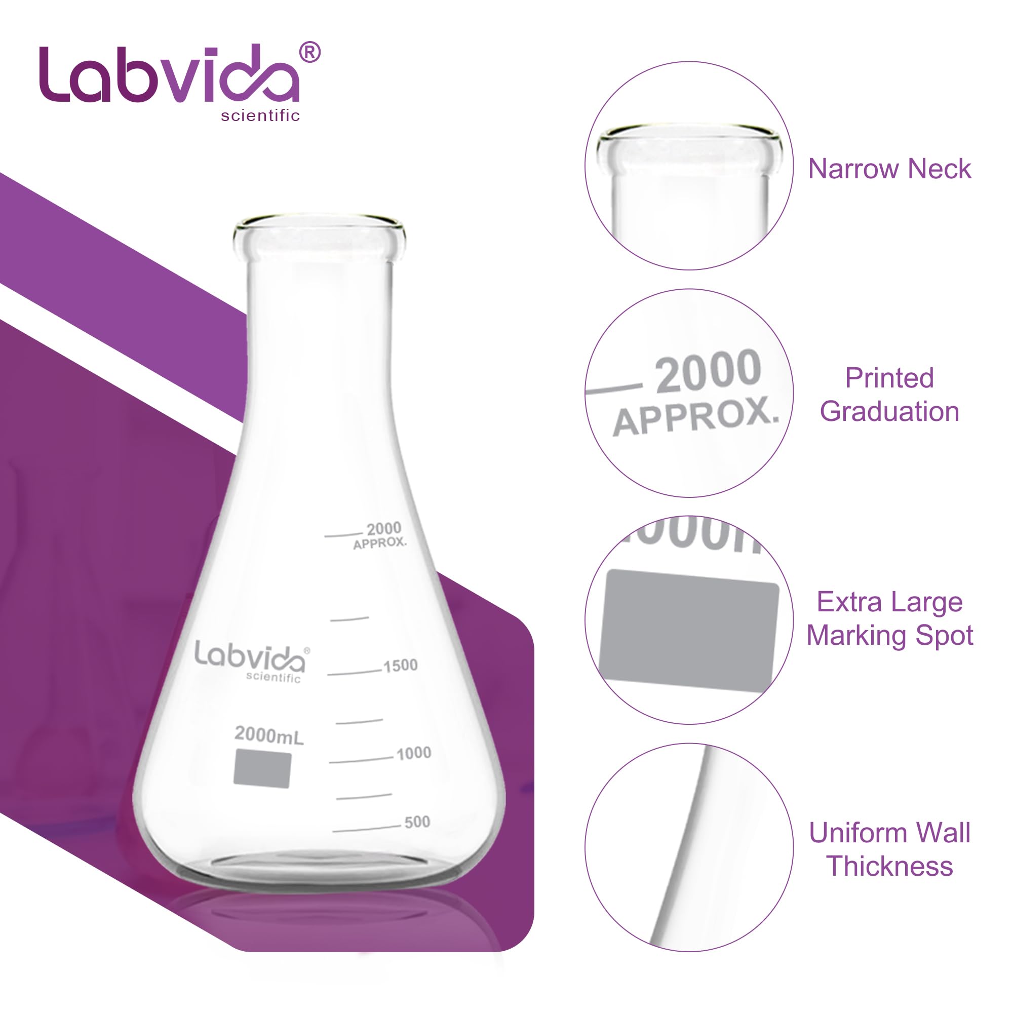 Labvida Narrow Mouth Glass Erlenmeyer Flasks, Vol.2000ml, 3.3 ...