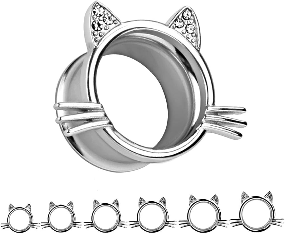 KUBOOZ(1 Pair) Cute Slivery Kitten Ear Plugs Tunnels Gauges Stretcher ...