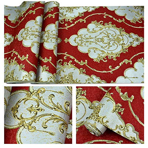 JZ·HOME JZ26 Crimson Red Luxury Damask Wallpaper Rolls, Metal Lace ...
