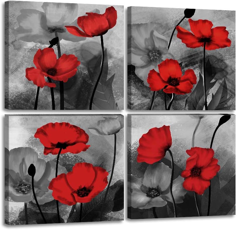 Amazon.com: Red Flower Canvas Wall Art Painting 4 Pieces Abstract ...