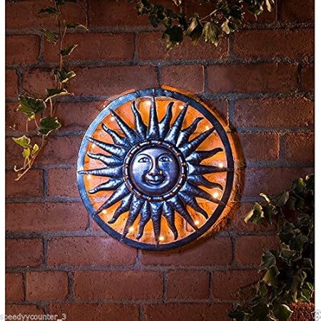 Warm White Led Solar powered Sun Metal Wall Art garden decoration ...