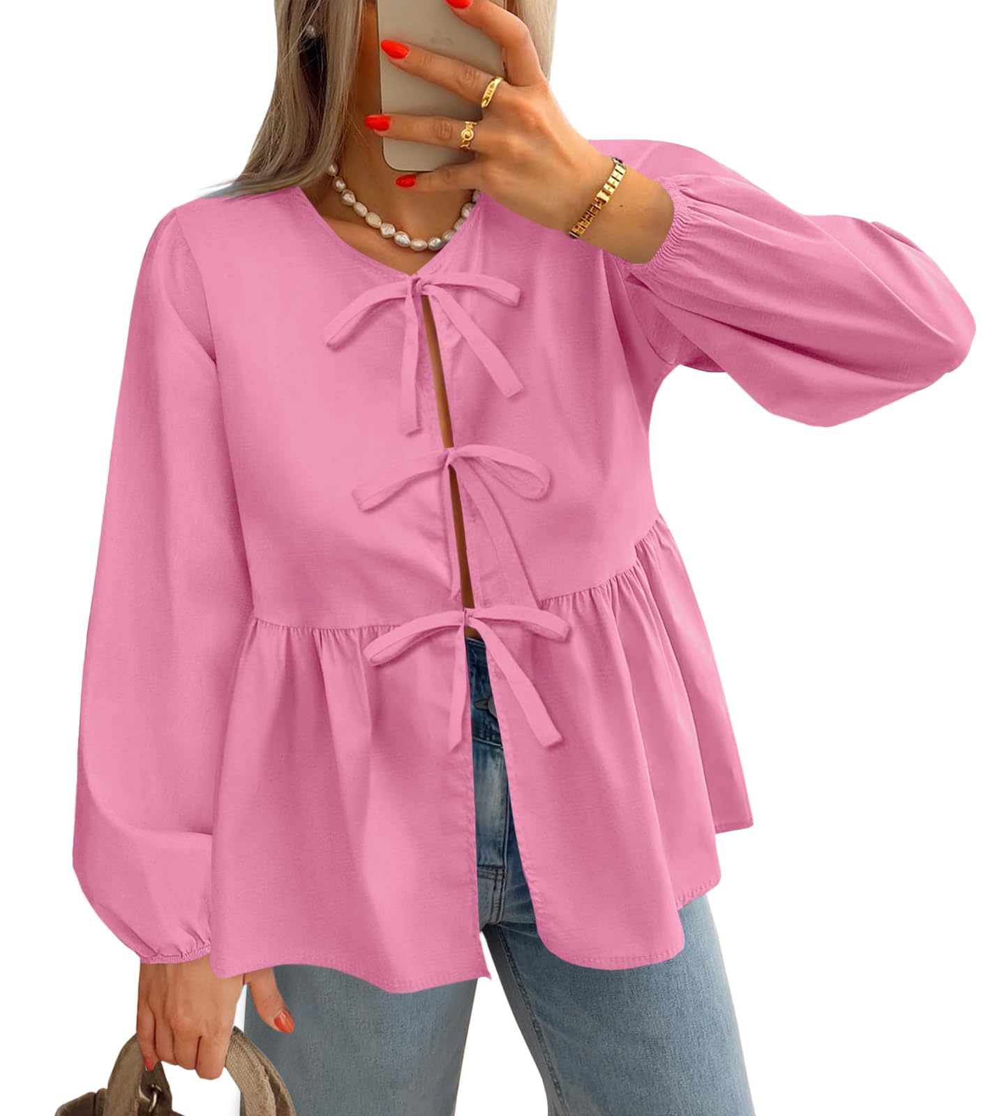 Womens Tie Front Tops Long Puff Sleeve Shirts Casual Peplum Babydoll Blouses Shirts Hot Pink for ...