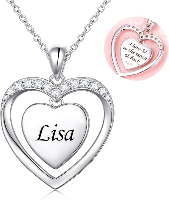 Sterling Silver Heart Personalized Lisa Name Necklace Script Initial ...