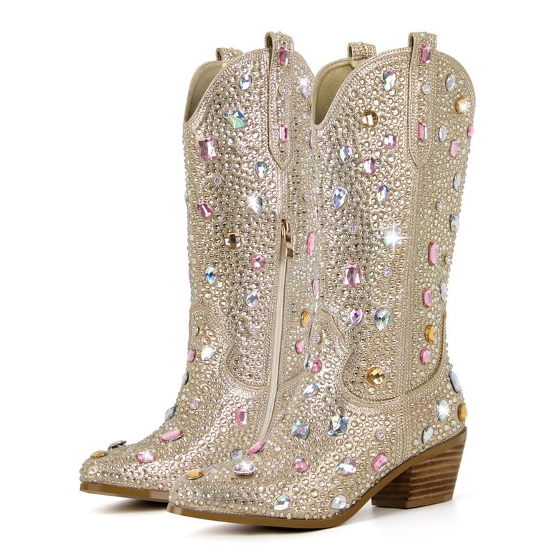 Richealnana Sparkly Gem Rhinestones Calf Mid High Boots for Women ...