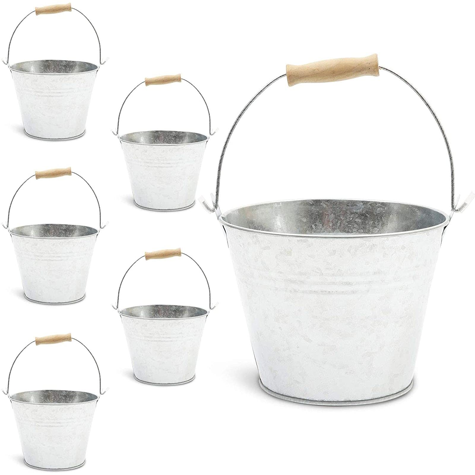 Juvale Six Galvanized Metal Buckets with Wooden Handles for Parties ...