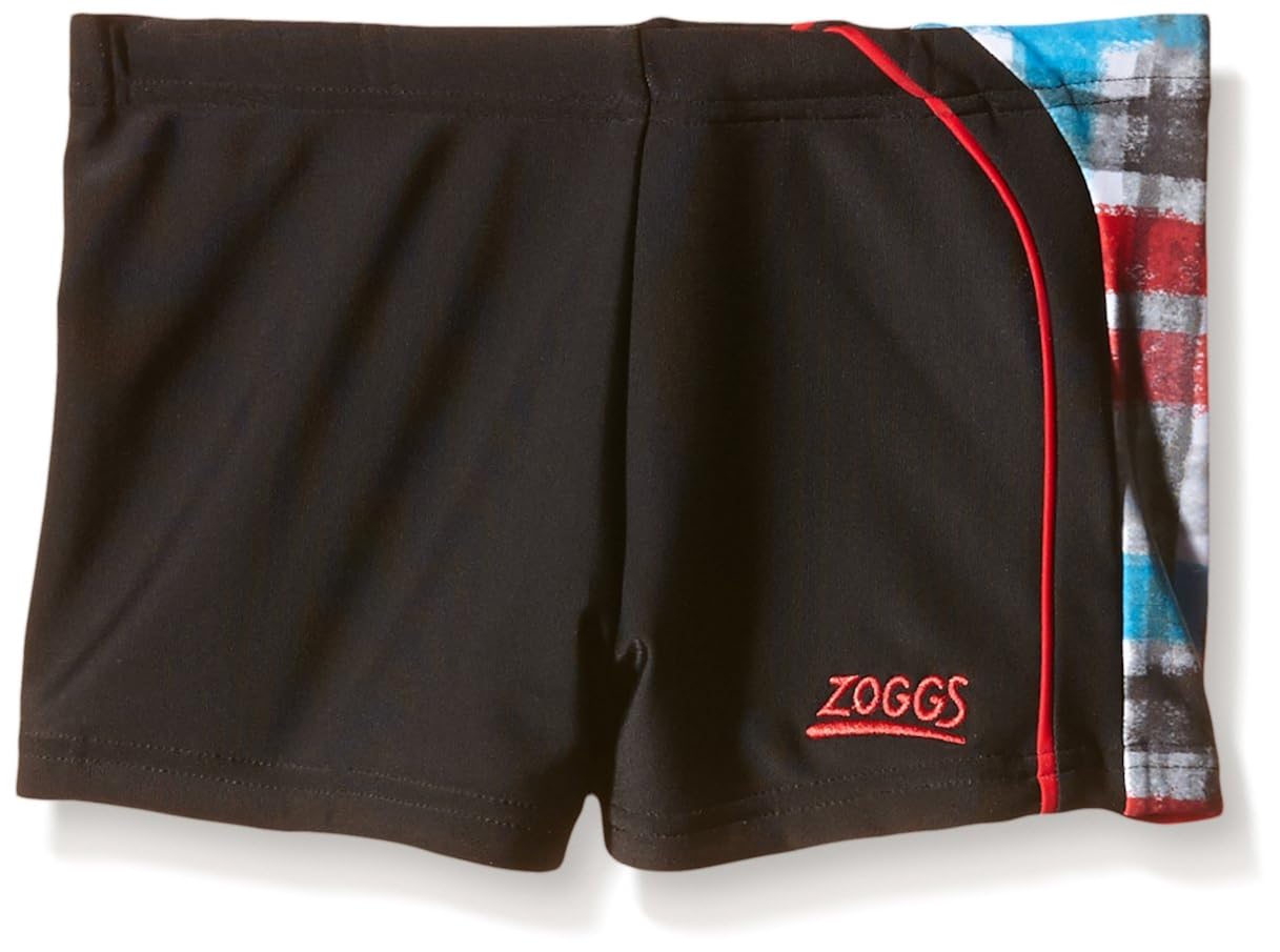 Zoggs Boys' Swim Deck Boston Hip Racer Trunks, Black/Red Check, 23-Inch ...