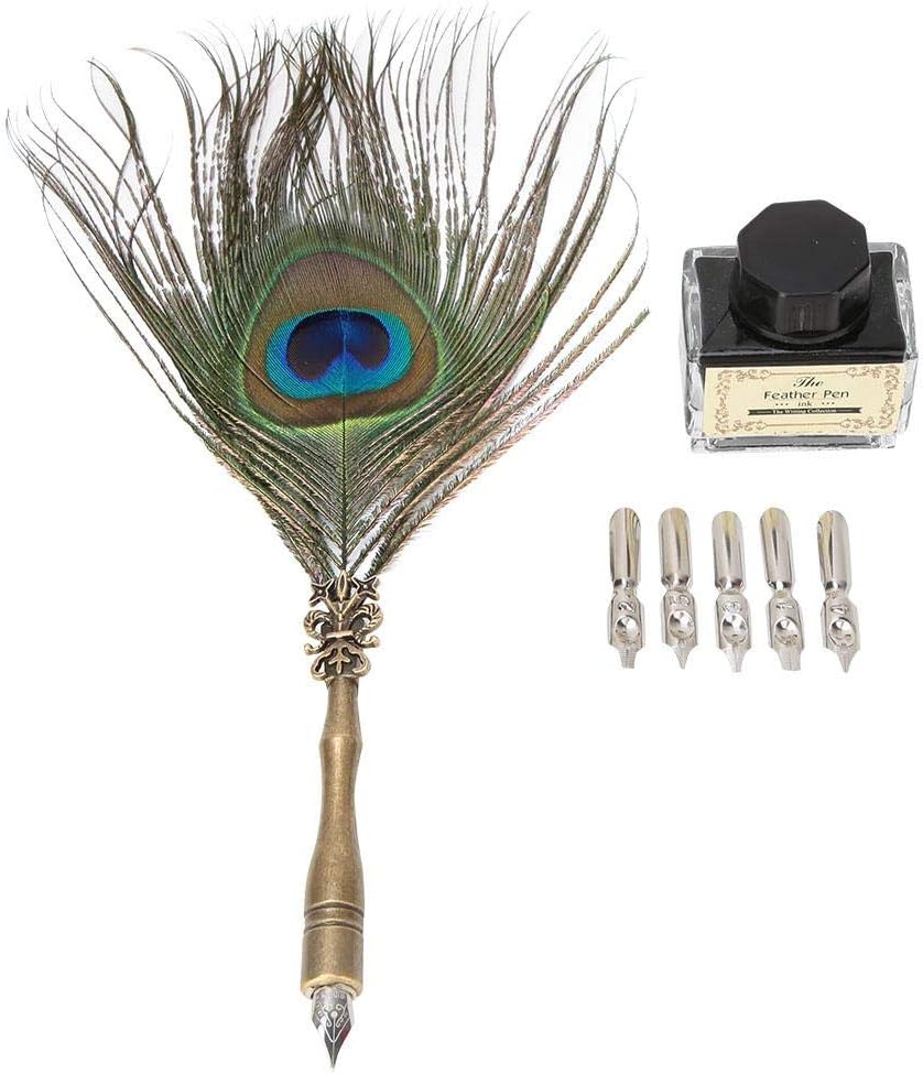 Quill Pen, Peacock Feather Dip Quill Pen Calligraphy Writing Ink Set ...