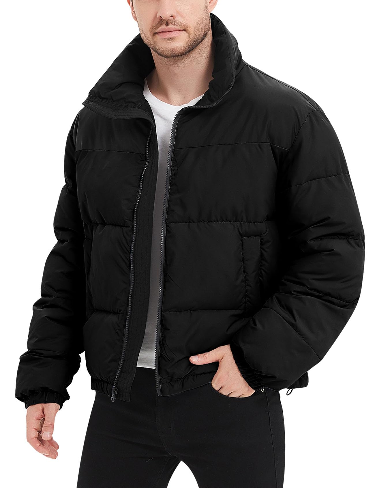 Flygo Men Puffer Jacket Winter Coats Water Resistant Long Sleeve Zip Up Lightweight Quilted Down ...