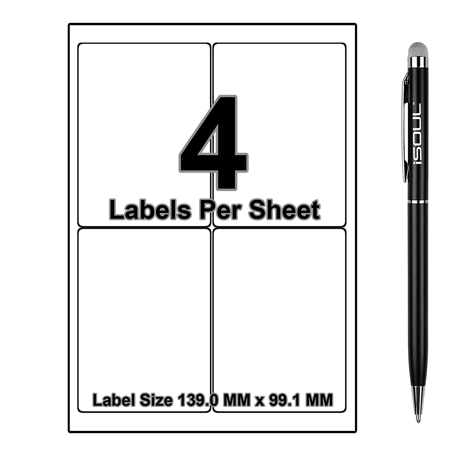 4 Per Page/Sheet, 100 Sheets (400 Sticky Label), iSOUL White Blank Matt ...