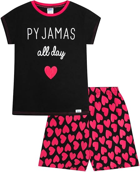 Cool Pyjamas All Day Heart Pink Black Girls Cotton Short Pyjamas (15-16 ...
