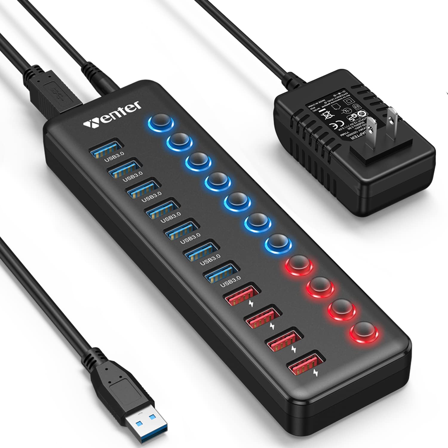 Powered USB 3.0 Hub, Wenter 11-Port Hub Splitter (7 Faster Data ...
