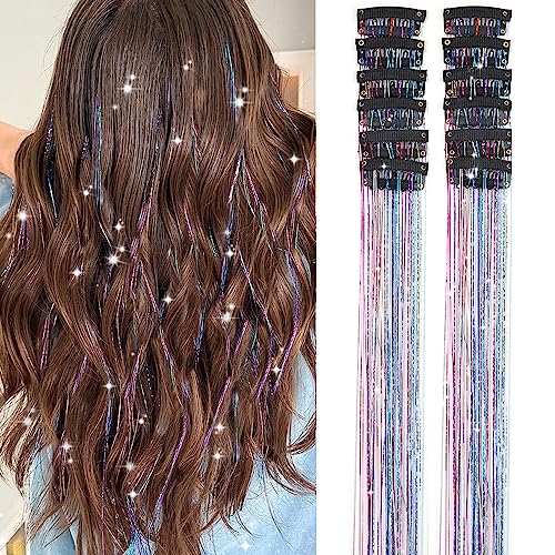 Hair Tinsel Pack of 12 Pcs Clip in Hair Tinsel 20 Inch Colorful Glitter ...