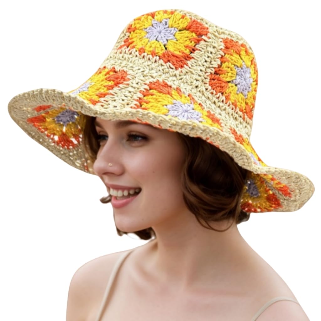 Multicolor Floral Crochet Straw Sun Hat, Foldable Wide Brim Bucket Hat ...