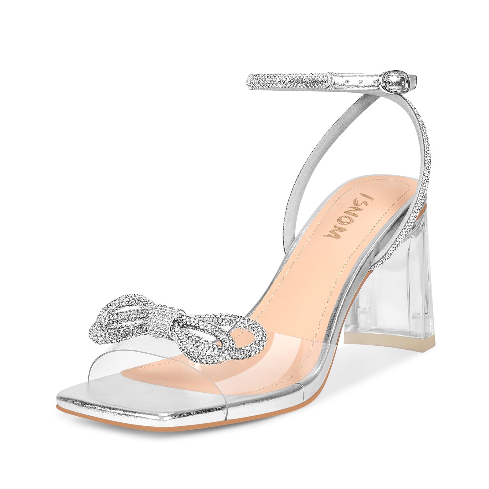ISNOM Silver Rhinestone Heels for Women Clear Heels for Women Silver ...