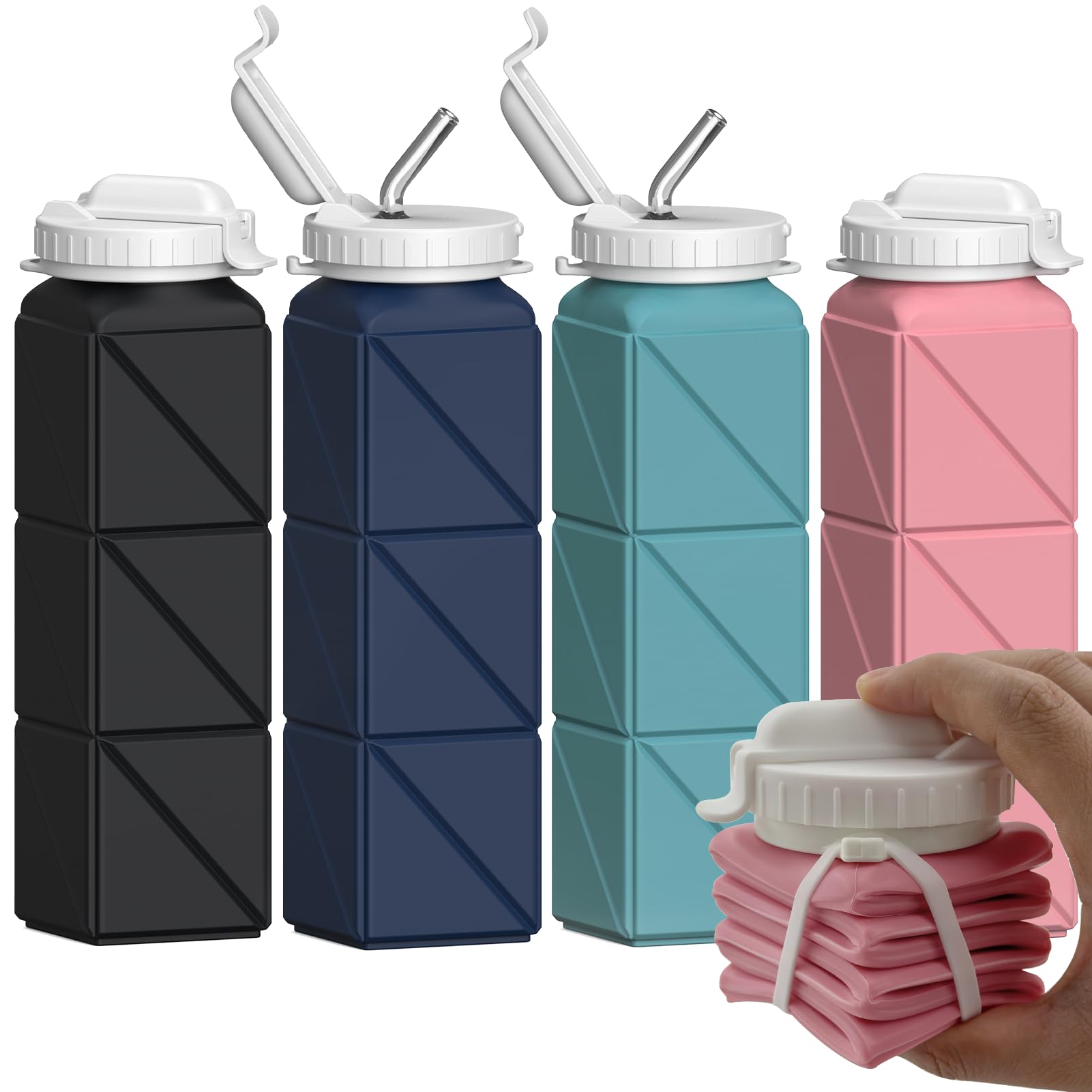 BEAUTAIL Collapsible Water Bottles with Straw 20.6oz, Silicone Foldable Portable Water Bottle ...