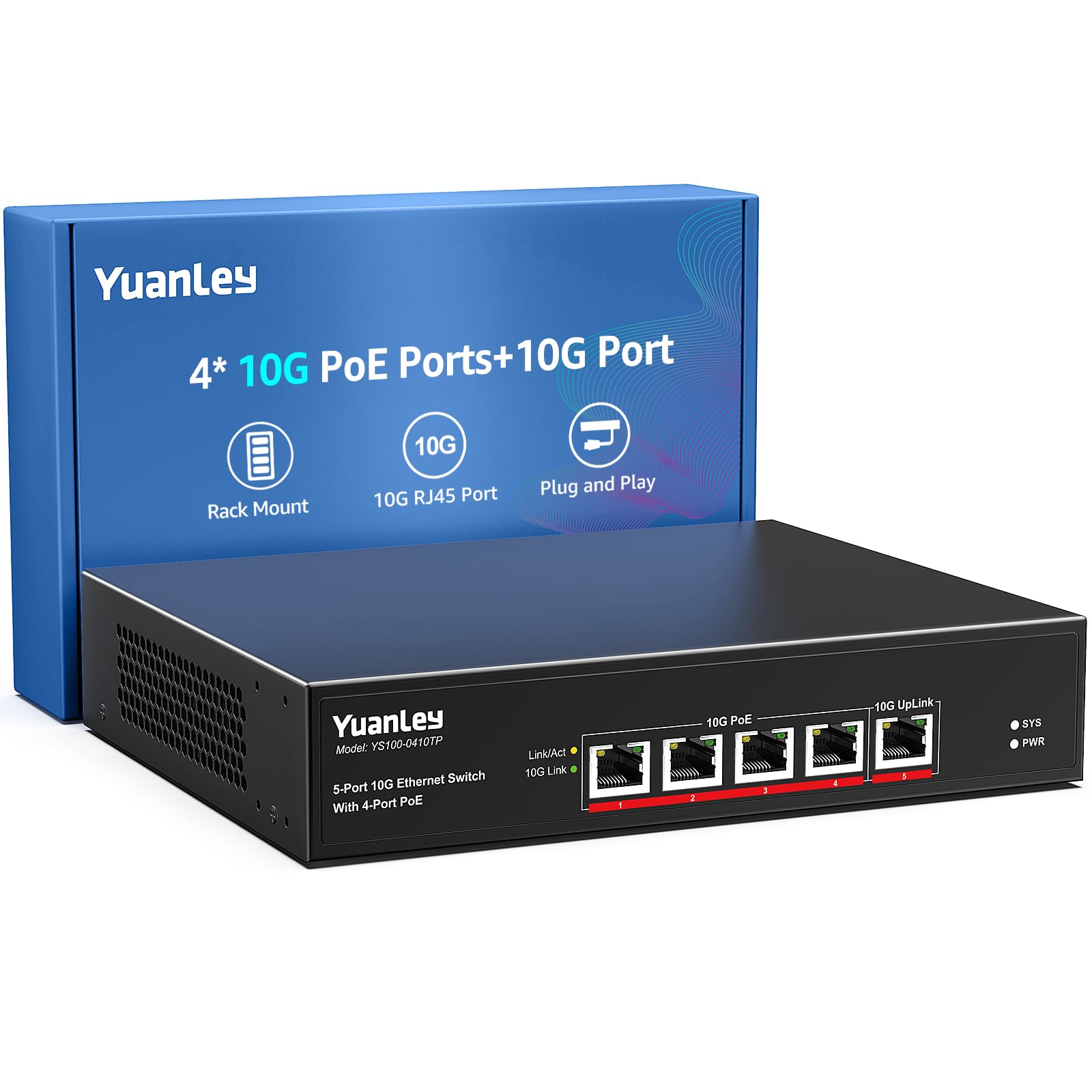 YuanLey 5-Port 10G PoE Switch Unmanaged with 4-Port PoE, 4 x 10G Base-T ...