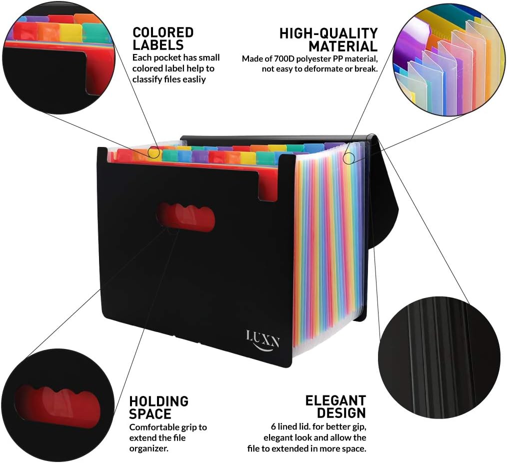 LUXN File Organiser 24 Pockets Expanding File Folder with Lid and ...