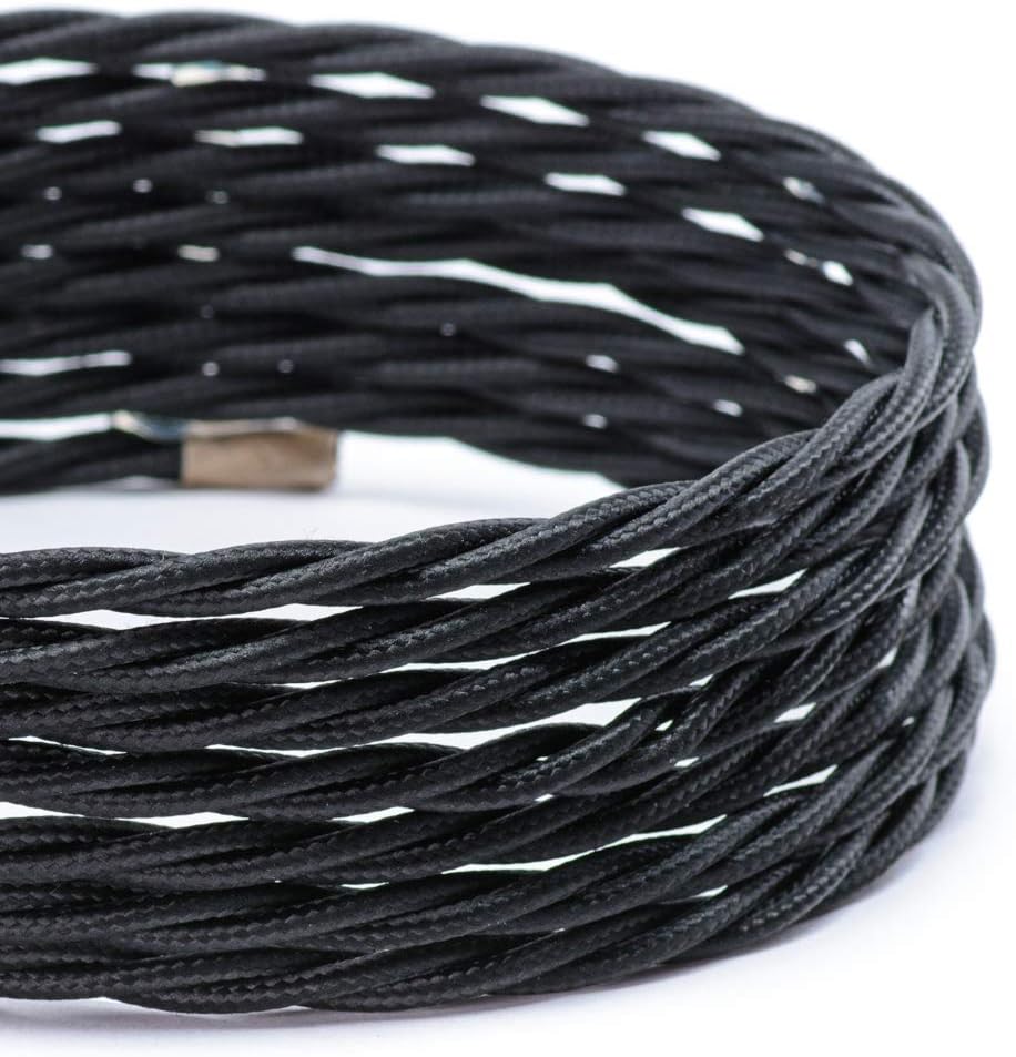 TheCablee 3 Core Twisted Black Flex Cable 0.75mm Vintage Fabric Braided ...