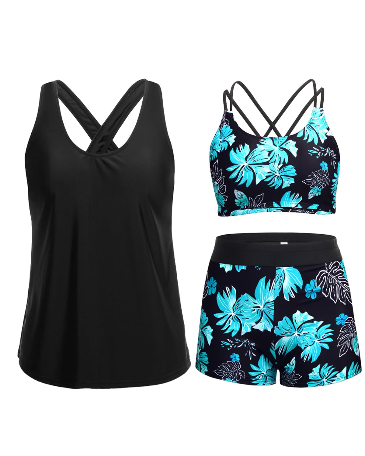 Holipick Green Flower 3 Piece Tankini Swimsuits for Women Tummy Control ...