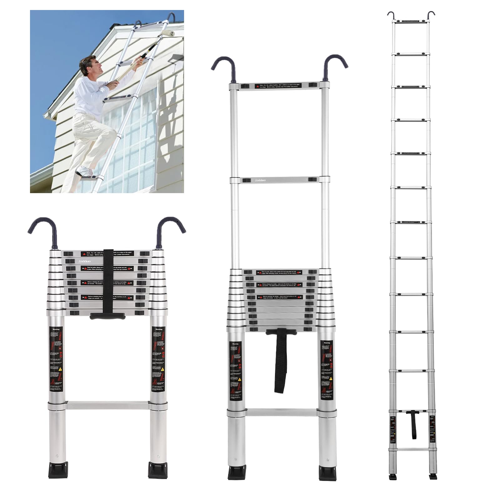 JADDUO Telescoping Ladder with Hooks, 12.5 FT Aluminum Collapsible ...