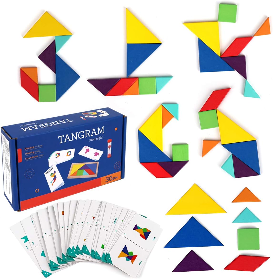 Coogam Wooden Travel Tangram Puzzle – Color Pattern Block Flash Cards ...