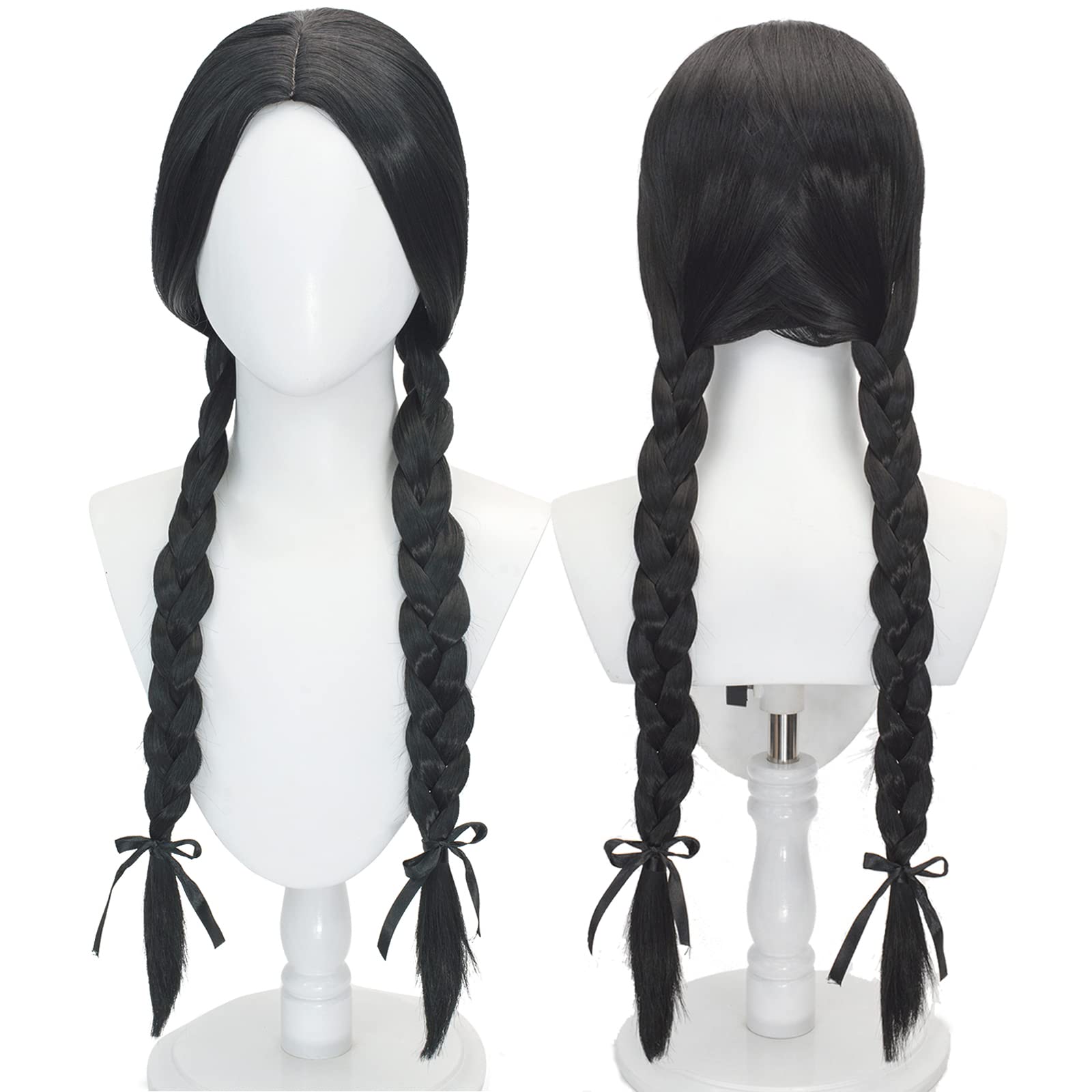 Uniquebe Long Braided Black Middle Part Cosplay Wig with Ribbon-bow ...