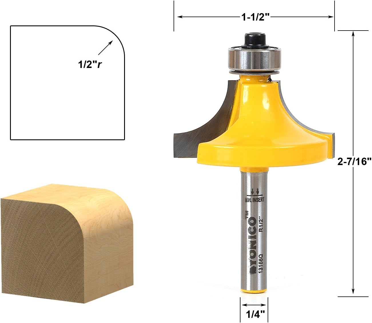 Yonico 13166q - Round Over Edge Forming Router Bit, Radius: 1/2" - 1/4 ...