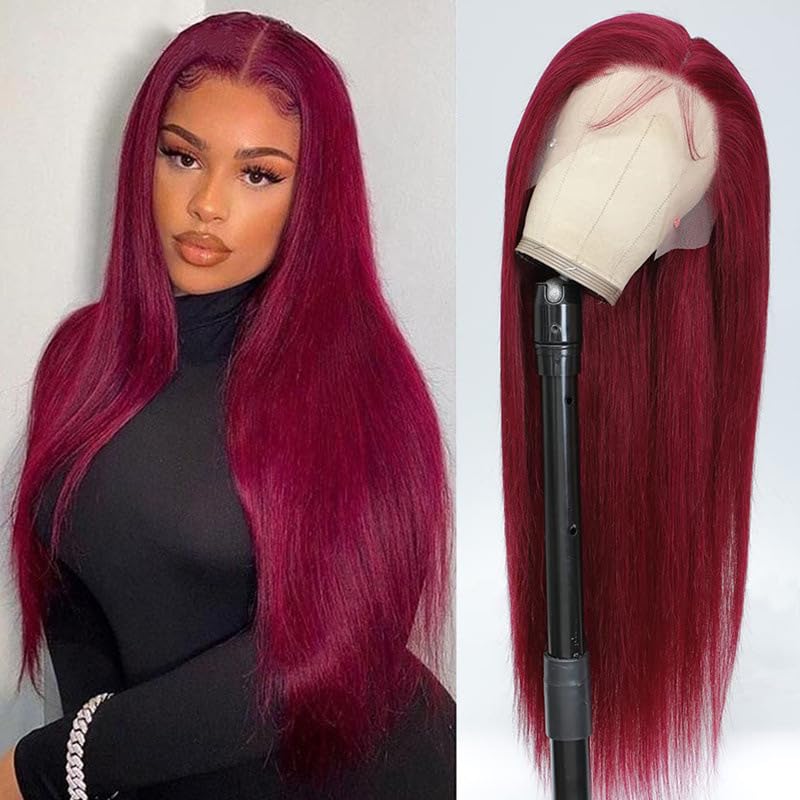 mdgfge 26 Inch Burgundy Straight Lace Front Wigs Human Hair Transparent ...