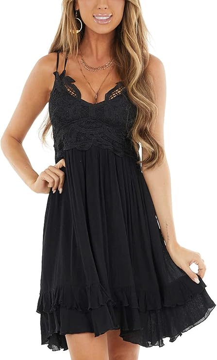 Feager Womens Summer V Neck Adjustable Spaghetti Strap Lace Dresses ...