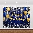 Amazon.com : ChloropLastid Navy Blue and Gold Happy Birthday Backdrop 10x8ft Royal Blue Birthday ...